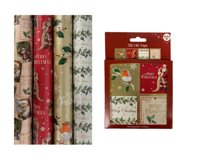 Traditional Christmas Gift Wrapping Paper 4 x 7M Rolls & Gift Tags ...