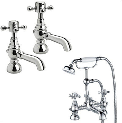 Traditional Crosshead Basin Pillar Taps and Bath Shower Mixer with Kit ...