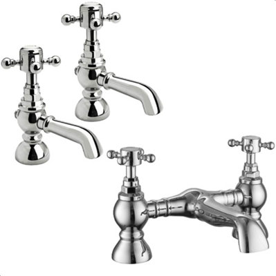 Traditional Crosshead Basin Pillar Taps and Bridge Bath Filler Set - Chrome
