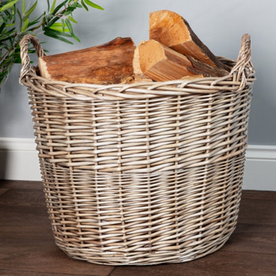 Traditional Extra Large Round Lined Wicker Fireplace Log Storage Basket