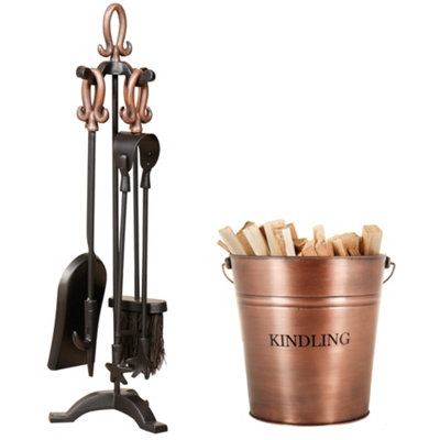 Traditional Fireplace Copper Kindling Bucket Log Basket with 5pc ...