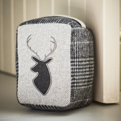 TRADITIONAL GREY TWEED STAG FABRIC DOOR STOPPER DECORATIVE DOOR STOP