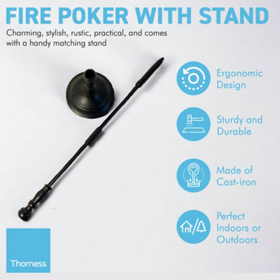 Traditional HAND FORGED CAST IRON FIRE POKER with STAND 50cm long poker ...