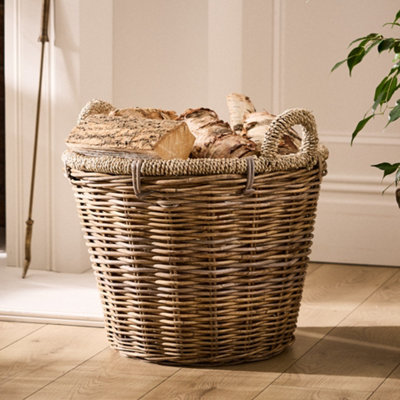 Traditional Natural Lined Rattan and Seagrass Log Basket H41 x W53cm