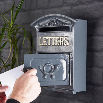 Traditional Old Style Grey Letter Post Box Wall Mounted Lockable