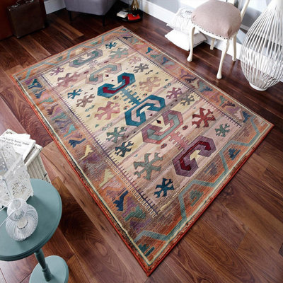 Traditional Persian Abstract Geometric Easy to Clean Beige Oriental Rug ...