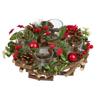 Traditional Red Bauble Christmas Decoration Tealight Centrepiece 23cm