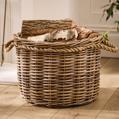 Traditional Round Large Wicker Log Basket with Rope Handles H35 x L44 x ...