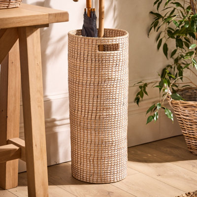Traditional Round Whitewash Rattan Umbrella Stand Basket