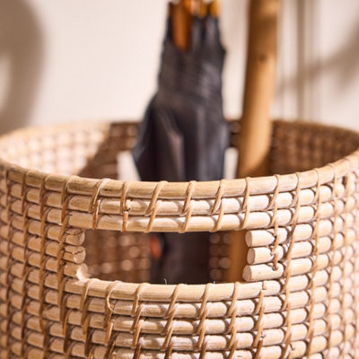 Traditional Round Whitewash Rattan Umbrella Stand Basket