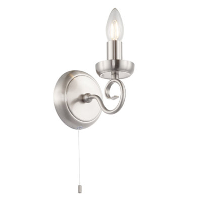 Traditional Satin Nickel Wall Light with Scroll Arm and Pull Switch