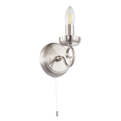 Traditional Satin Nickel Wall Light with Scroll Arm and Pull Switch