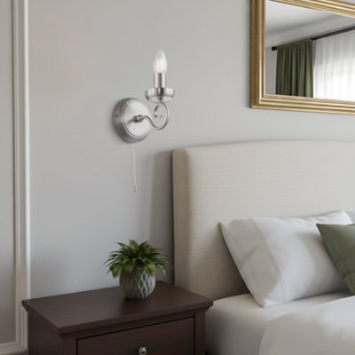 Traditional Satin Nickel Wall Light with Scroll Arm and Pull Switch