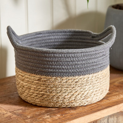 Traditional Seagrass Small Grey Stripe Indoor Storage Basket H15 x D26cm