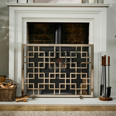 Traditional Silver Kensington Nickel Fireplace Guard Fireside Fire ...
