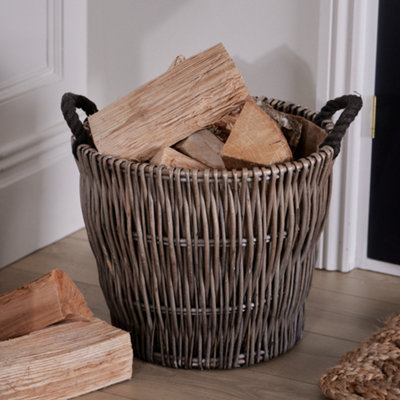 Traditional Small Round Grey Wicker Fireplace Log Storage Basket