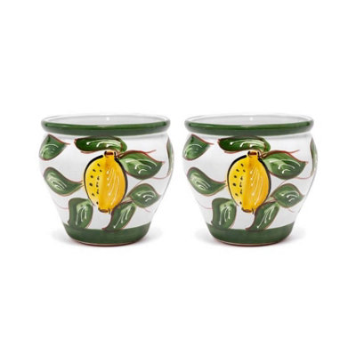 Traditional Spanish Hand Painted Lemon Set of 2 Outdoor Bola Plant Pots ...