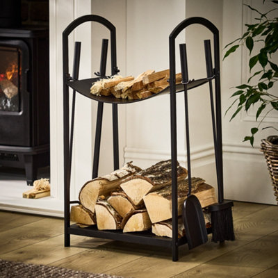 Traditional Style Fire Tools Set with Log Storage Fireplace Companion Set