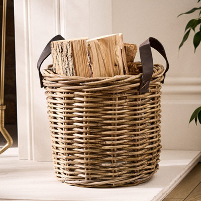 Traditional Style Large Log Storage Basket with PU Leather Handles