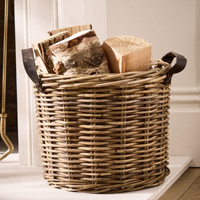 Traditional Style Medium Fireplace Log Storage Basket with PU Leather ...