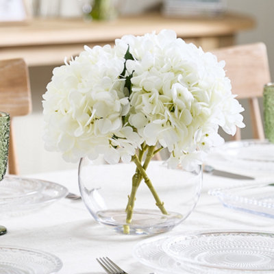 Traditional Style White Hydrangeas in Glass Globe Table Decor Vase