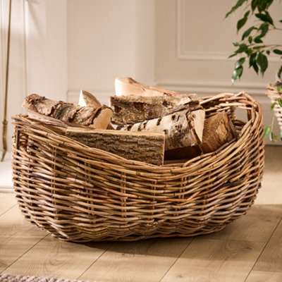 Traditional Style Wicker Boat Large Fireplace Log Storage Basket