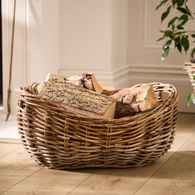 Traditional Style Wicker Boat Medium Fireplace Log Storage Basket