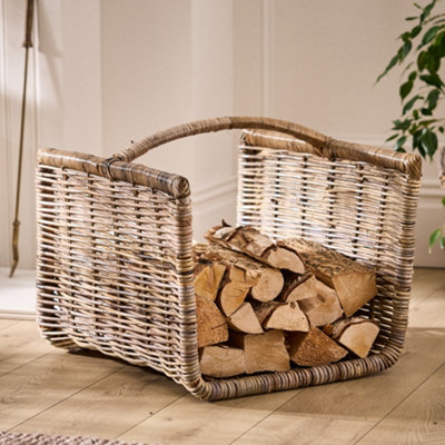 Traditional Style Wicker Large Open Ended Fireplace Log Storage Basket