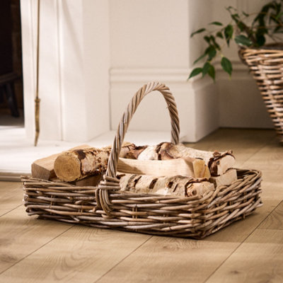 Traditional Style Wicker Medium Fireplace Log Storage Basket with Handle