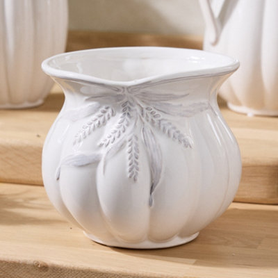 Traditional White Ceramic Table Decor Plant Pot (H)14cm, (Dia)15cm