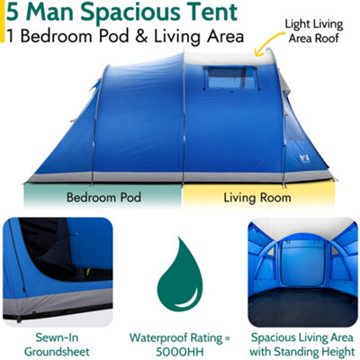 Trail 5 Man Tent Festival Family Camping Waterproof 5000mm Dark Bedroom Living Area