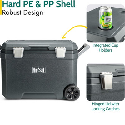 Trail Large Cool Box on Wheels 45L Wheeled Insulated Hard Cooler Hot Cold Food Picnic - Dark Grey