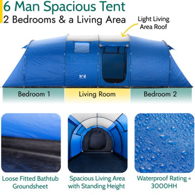 Trail Outdoor Leisure Easdon 6 Man 2 Room Tunnel Tent - Blue 700x240x210cm