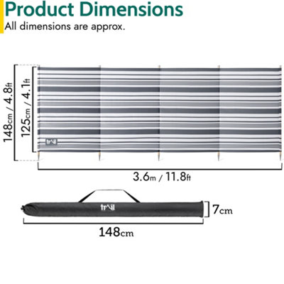Trail Wooden Windbreak 5 Pole Windbreaker with Bag 3.6m Grey