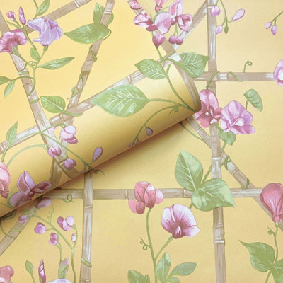 Trailing Floral Trellis Wallpaper Ochre Holden 14201