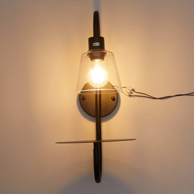 Transparent Glass Lampshade Wall Light with Tray in Black