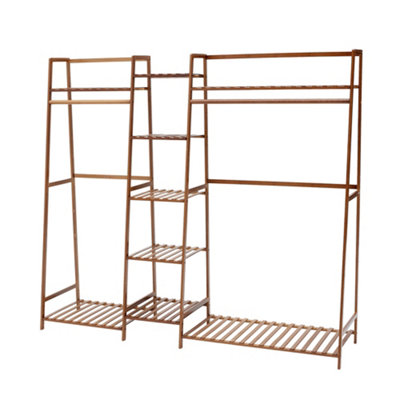 Trapezoid Bamboo Garment Rack with 5-Tier Storage Shelves Brown
