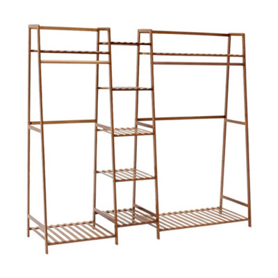 Trapezoid Bamboo Garment Rack with 5-Tier Storage Shelves Brown