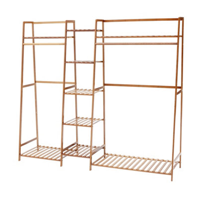 Trapezoid Bamboo Garment Rack with 5 Tier Storage Shelves Natural