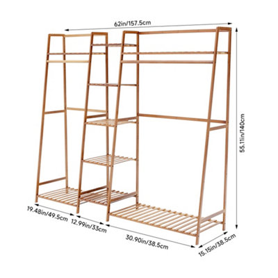Trapezoid Bamboo Garment Rack with 5 Tier Storage Shelves Natural