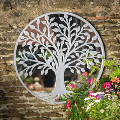 Tree of Life Outdoor Garden Wall Mirror - Grey Distressed Decor with ...