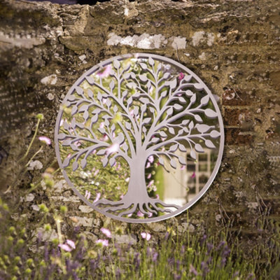 Tree of Life Outdoor Garden Wall Mirror - Grey Distressed Decor with ...