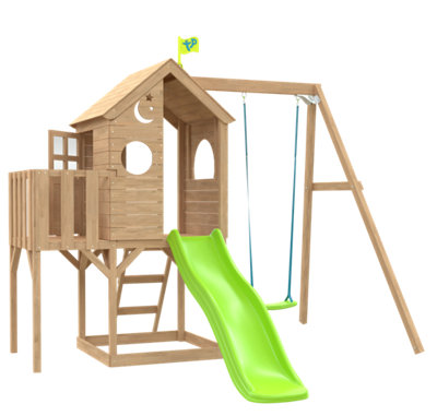 Treehouse wooden play tower, with Panel kit, balcony, wavy slide ...