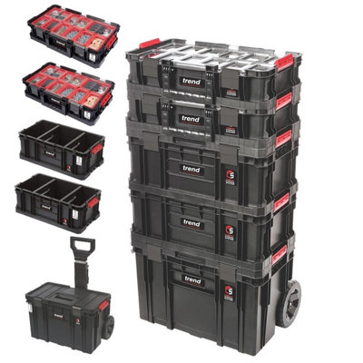 Trend Compact 5 Piece Trolley Modular Case Deep Tool Box Tote 2 x Organisers