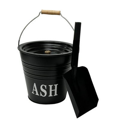 Trendi 12 Litre Black Metal Ash Bucket Wooden Handle & Lid + Shovel ...