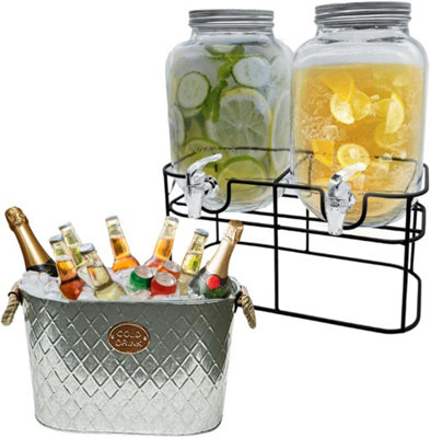 Trendi 2 x 4L Glass Drinks Dispenser with Taps and Metal Stand and 24L ...