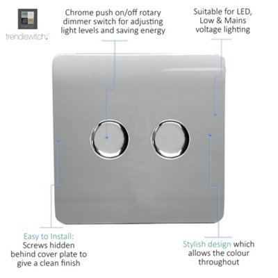 Trendi Switch 2 Gang 1 or 2 way 150w Rotary LED Dimmer Light Switch in ...