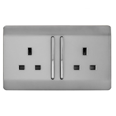 Trendi Switch 2 Gang Brushed Steel Double Plug Socket Modern Designer ...
