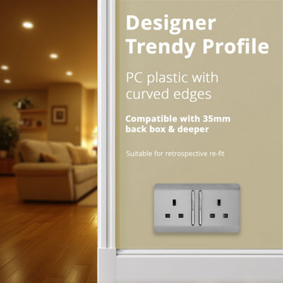 Trendi Switch 2 Gang Brushed Steel Double Plug Socket Modern Designer ...