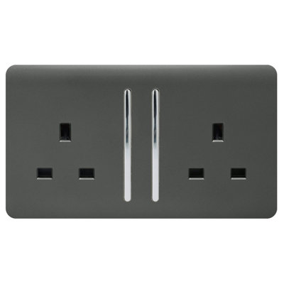Trendi Switch 2 Gang Charcoal Grey Double Plug Socket Modern Designer ...